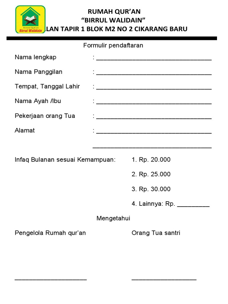 Formulir Pendaftaran Rumah Qur'an | PDF Formulir Pendaftaran Rumah Qur'an | PDF