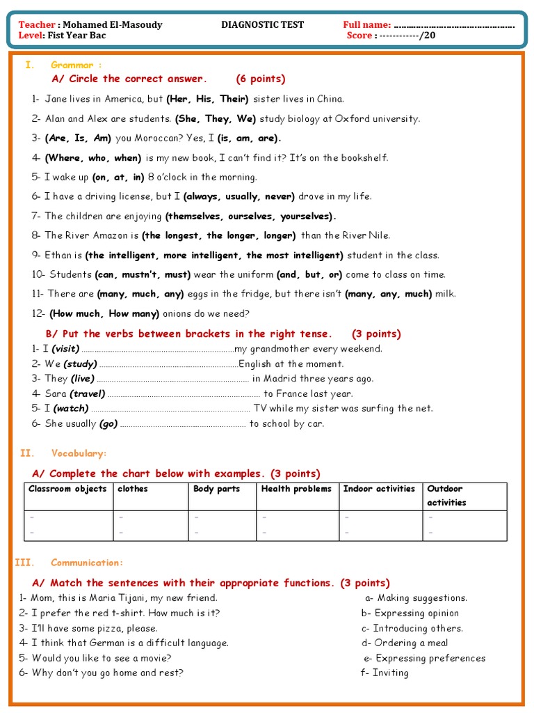 First Year Bac, Diagnostic Test, 2021 - 2022 | PDF | Cognitive Science ...
