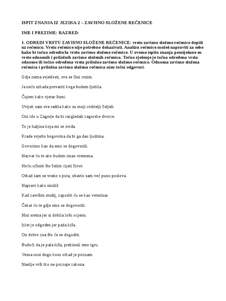 Ispit Znanja Iz Jezika 2 Zavisno Složene Rečenice - 2C | PDF