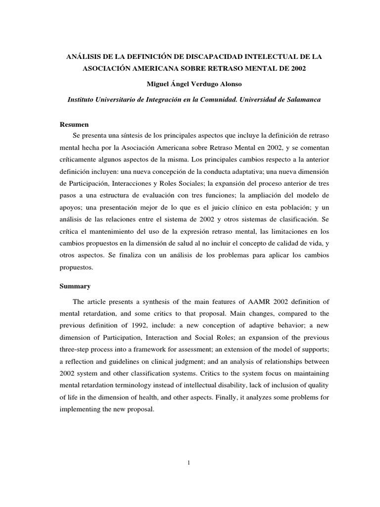VERDUGO Analisis Definicion Discapacidad Intelectual | PDF ...