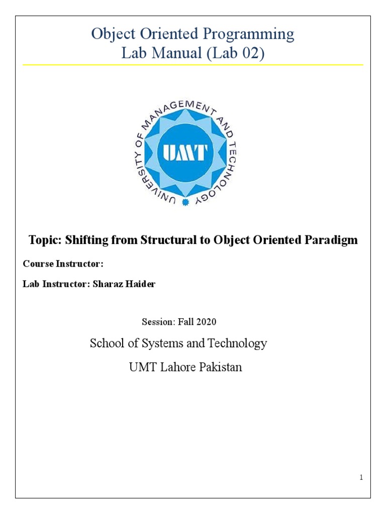 Object Oriented Programming Lab Manual (Lab 02) : Topic: Shifting From Structural To Object ...