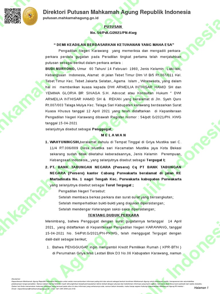 Putusan 54 PDT.G 2021 PN KWG 20211001 | PDF
