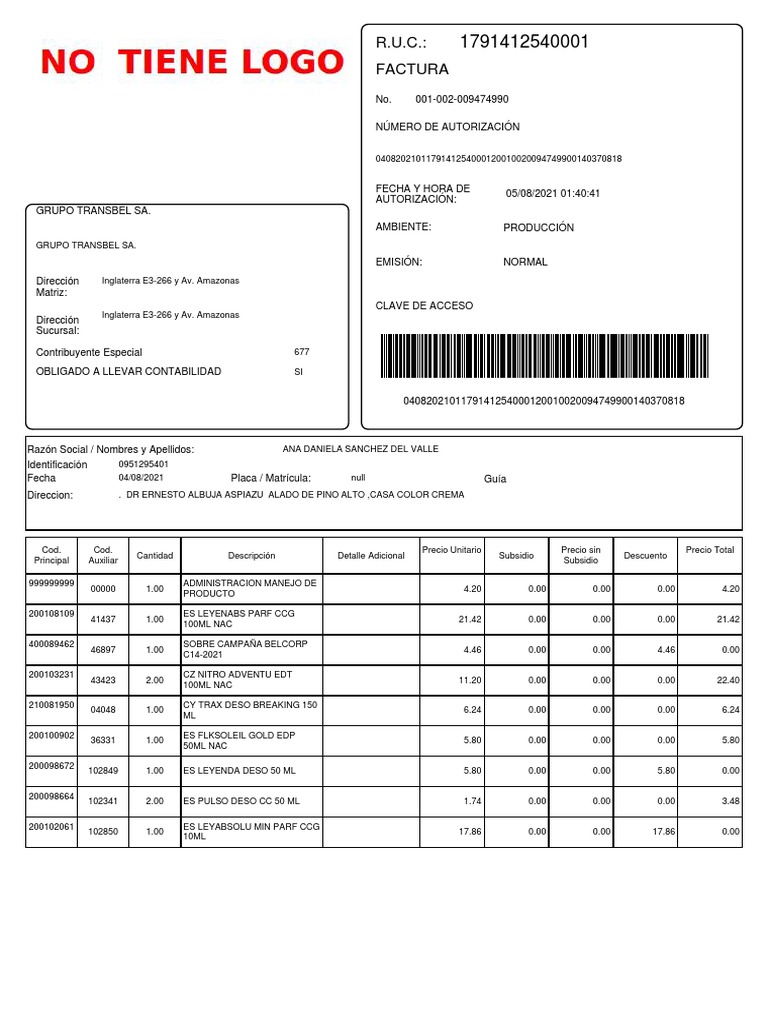 Factura Grupo Transbel SA 2021 | PDF | Contabilidad | Documentos ...