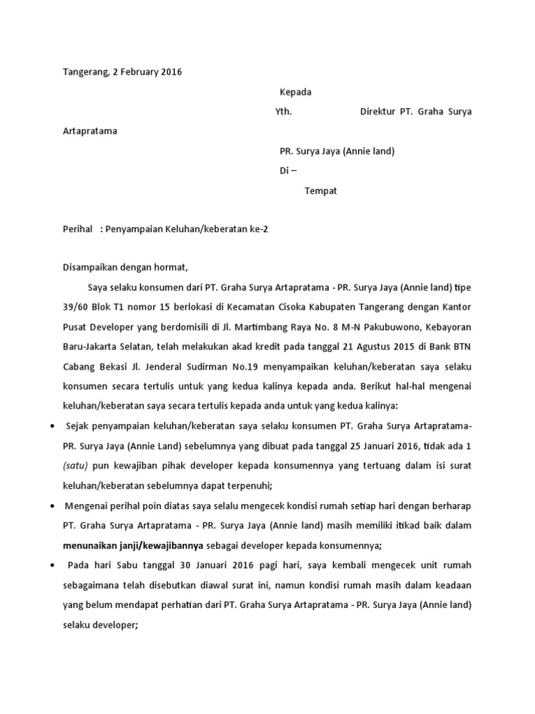 Surat Komplain Ke-3 ke Developer Rumah | PDF