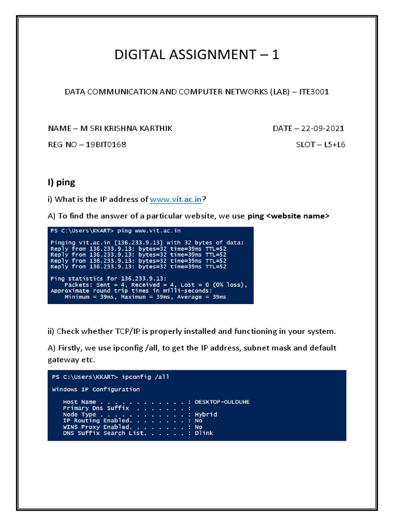 Digital Assignment - 1: I) Ping | PDF | Computer Network | Ip Address