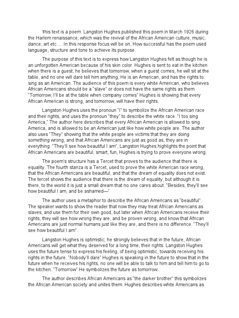 Analysis of I Too Have A Dream - Langston Hughes | PDF