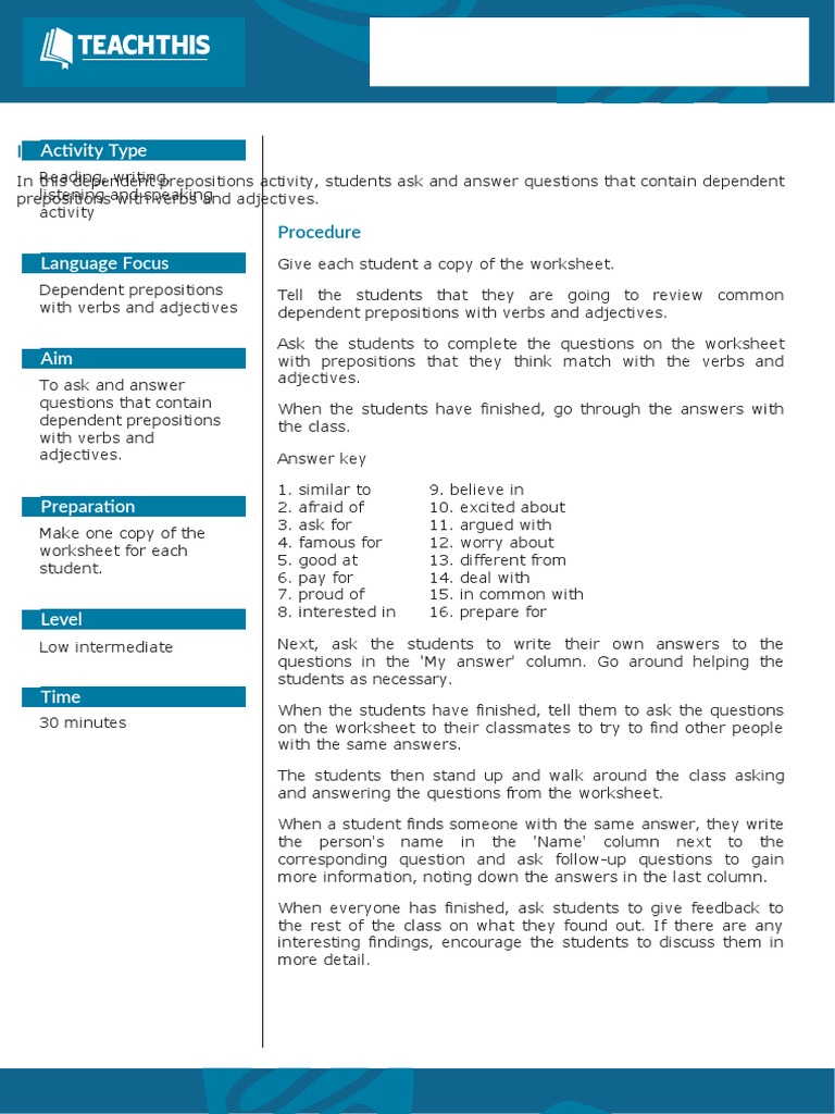 Prepositions and Adjectives Questions | PDF | English As A Second Or ...