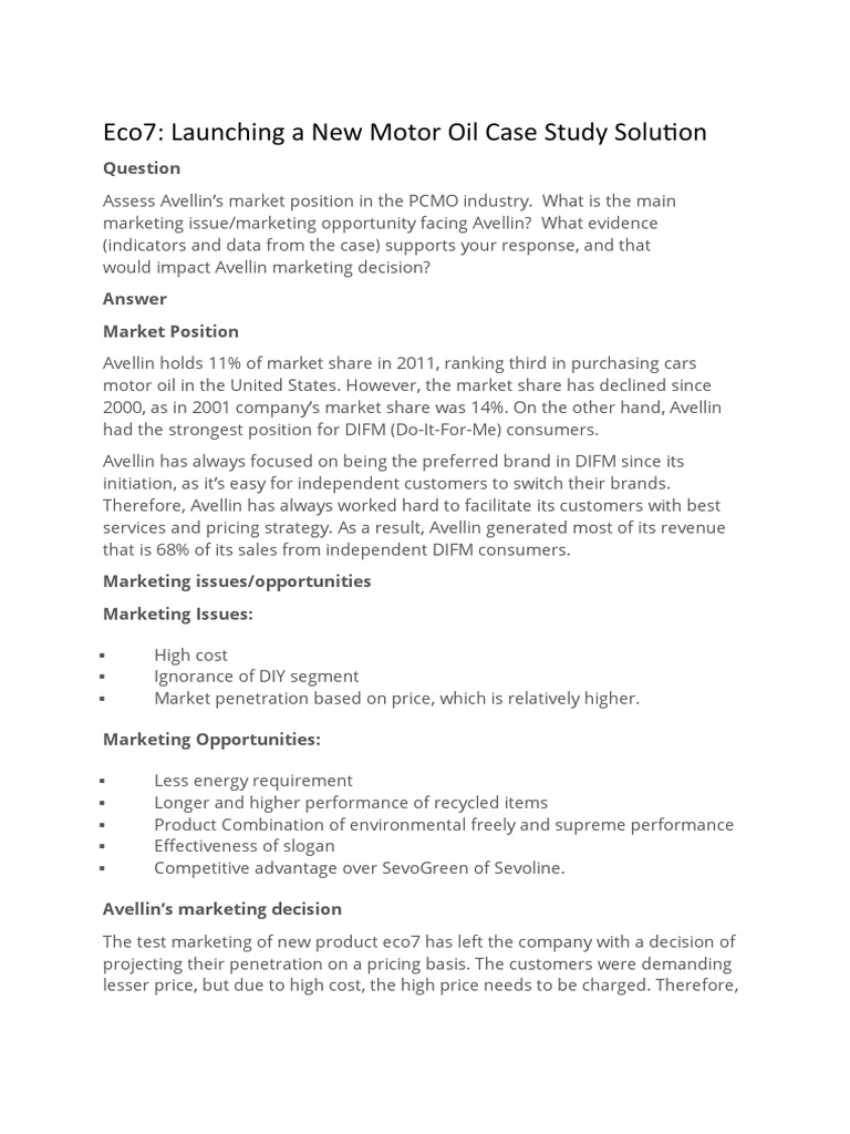 Eco7: Launching A New Motor Oil Case Study Solution | PDF | Marketing ...
