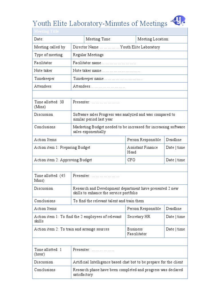 Youth Elite Laboratory-Minutes of Meeting | PDF