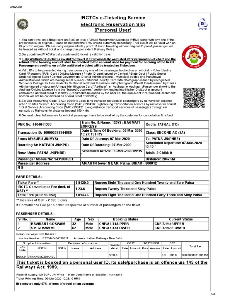 Irctcs E-Ticketing Service Electronic Reservation Slip (Personal User) | Download Free PDF ...