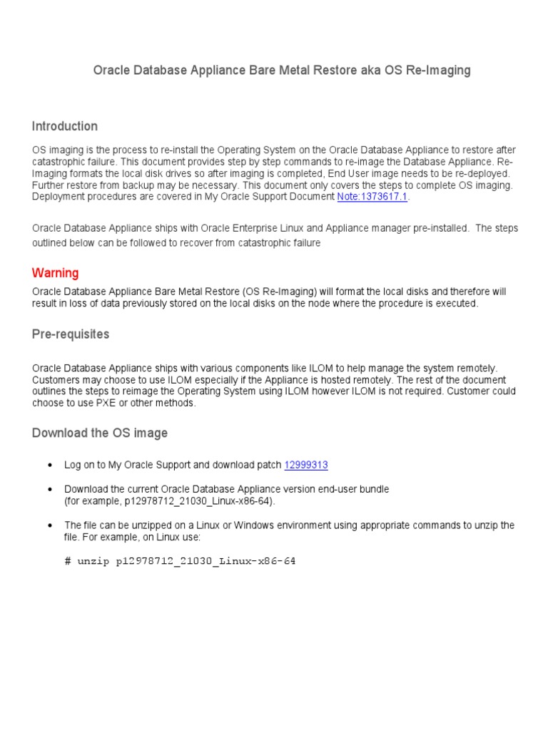 Oracle Database Appliance Bare Metal Restore Steps | PDF | Operating System | Databases