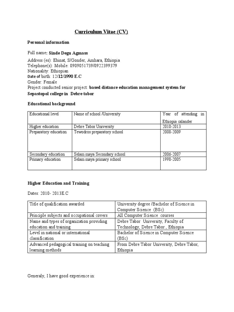 Curriculum Vitae (CV) : Personal Information | PDF | Computer Science | Ethiopia