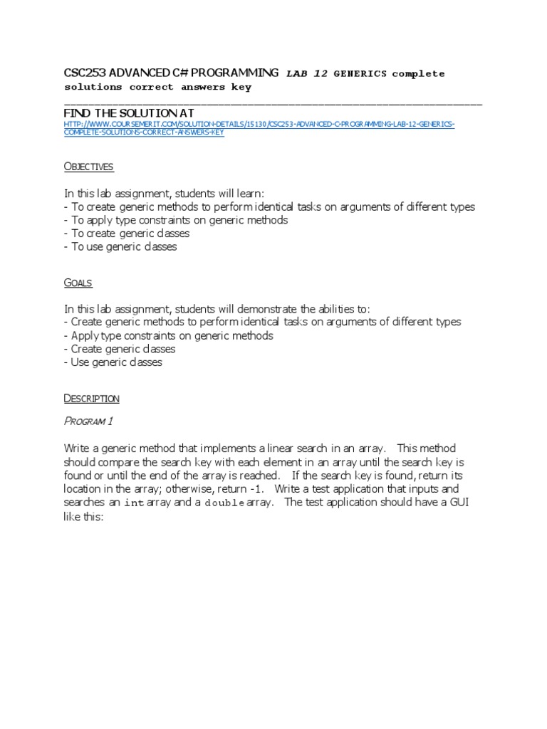 Csc253 Advanced C# Programming Lab 12 Generics Complete Solutions Correct Answers Key Find The ...