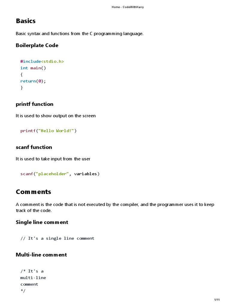 C Cheatsheet CodeWithHarry PDF | PDF | Control Flow | Pointer (Computer Programming)
