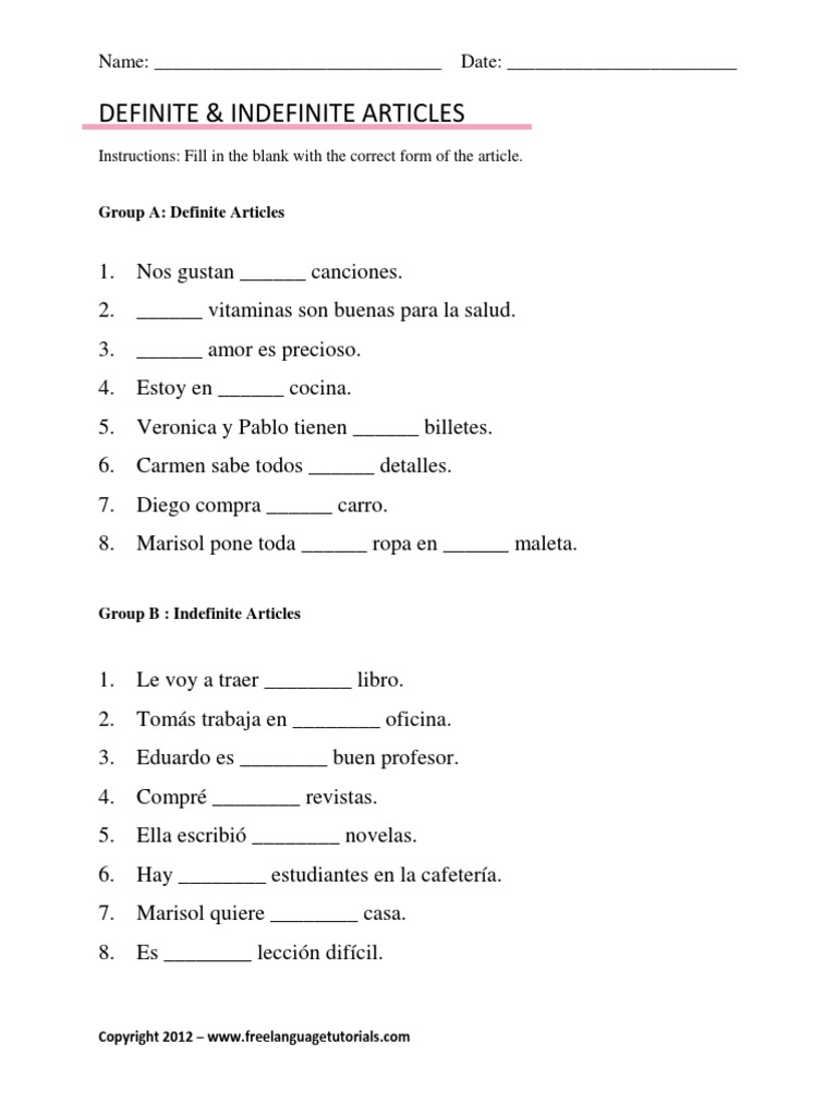Definite Articles Exercises Spanish Worksheet | PDF