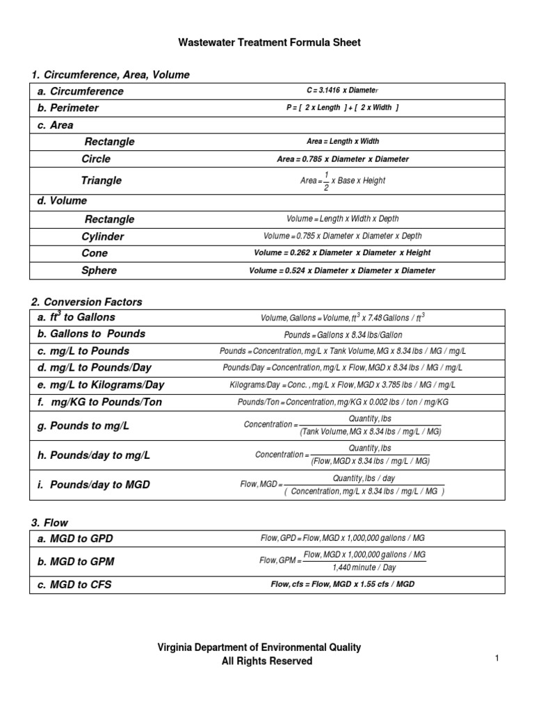 Wastewater Math Formula Sheet | PDF | Environmental Engineering ...