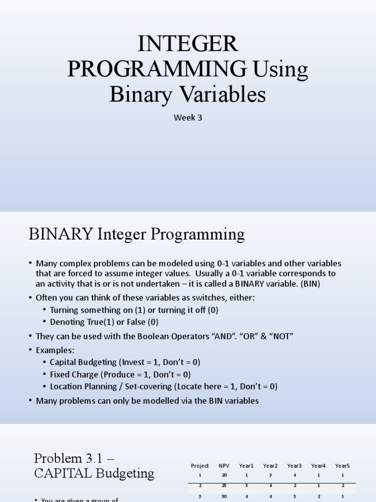 Binary Integer Programming Using Binary Variables Week 3 | PDF ...