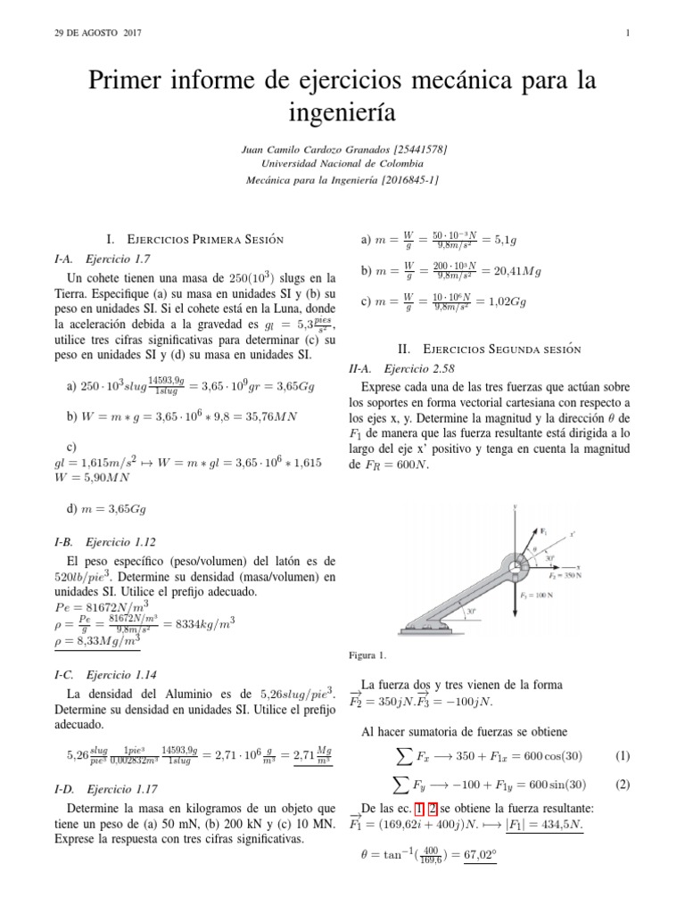 Primer Informe de Ejercicios Mec Nica para La Ingenier A | PDF | Vector Euclidiano | Sistema de ...