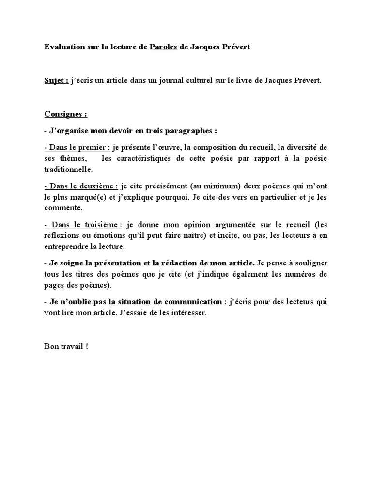 Analyse de "Paroles" de Jacques Prévert | PDF