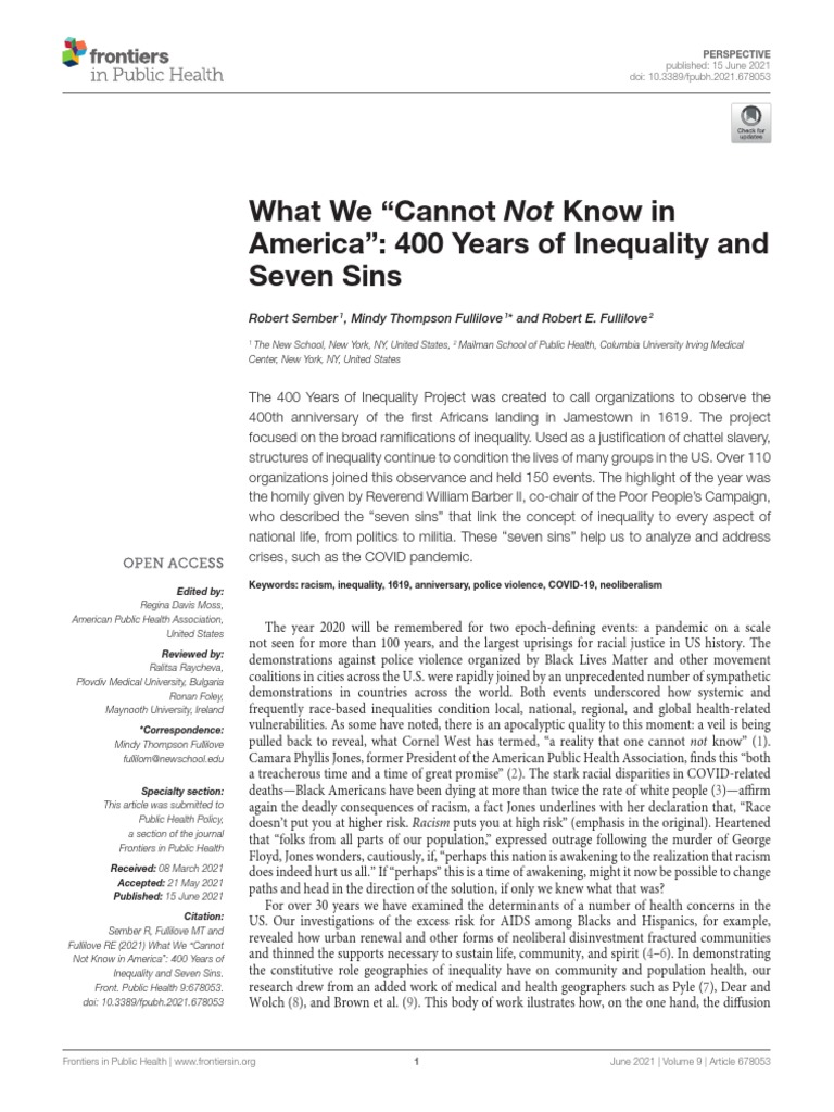 Sember, Fullilove and Fullilove (2021) - What We Cannot Not Know in ...
