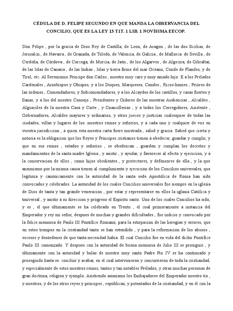 Cédula Felipe II Sobre Observancia Del Concilio de Trento 12 Julio 1564 | PDF | Papa | Iglesia ...