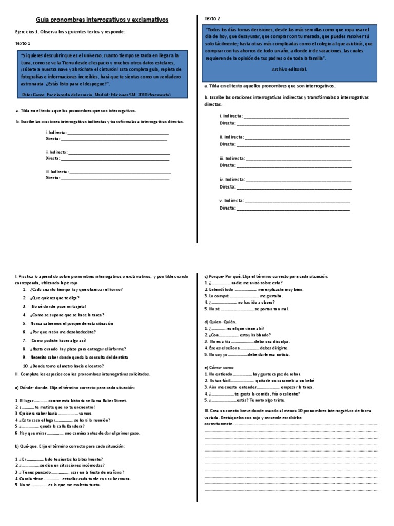 Guía Pronombres Interrogativos y Exclamativos | PDF