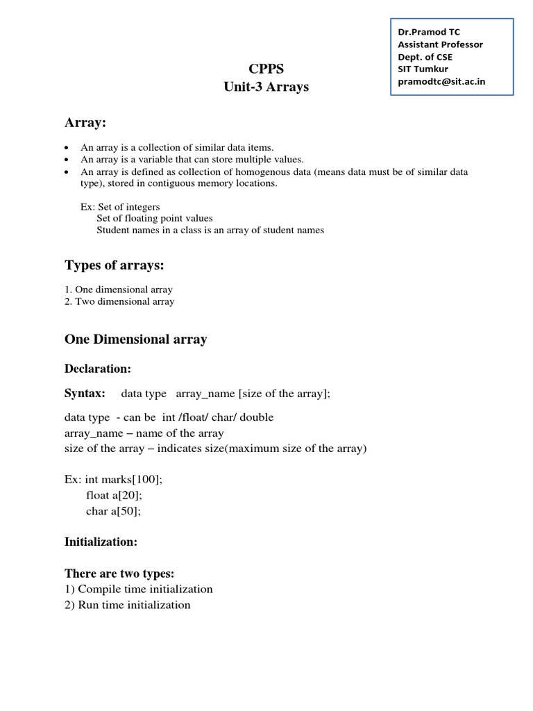 Cpps Unit-3 Arrays Array:: Declaration: Syntax: Data Type Array - Name (Size of The Array ...