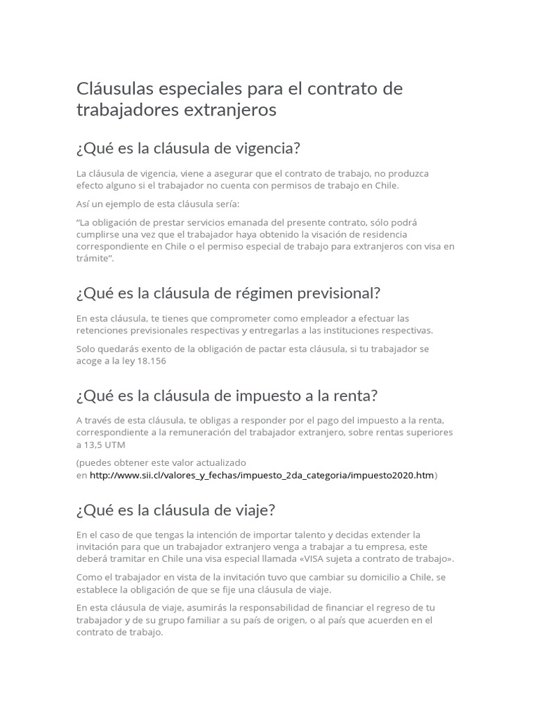 Cláusulas Especiales para El Contrato de Trabajadores Extranjeros | PDF ...