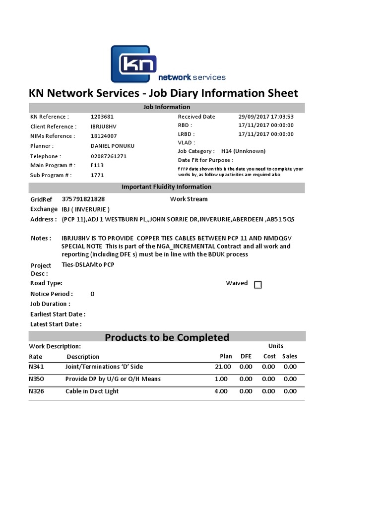 KN Network Services - Job Diary Information Sheet: Products To Be ...