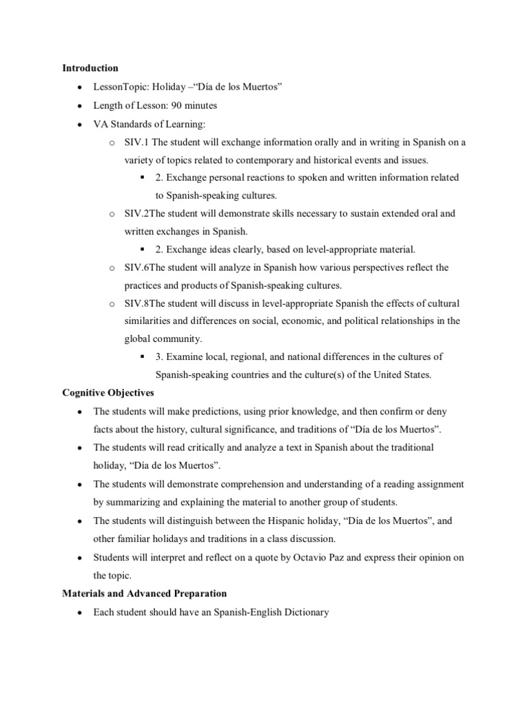 L4 Dia de Los Muertos LESSON PLAN | PDF | Homework | Spanish Language