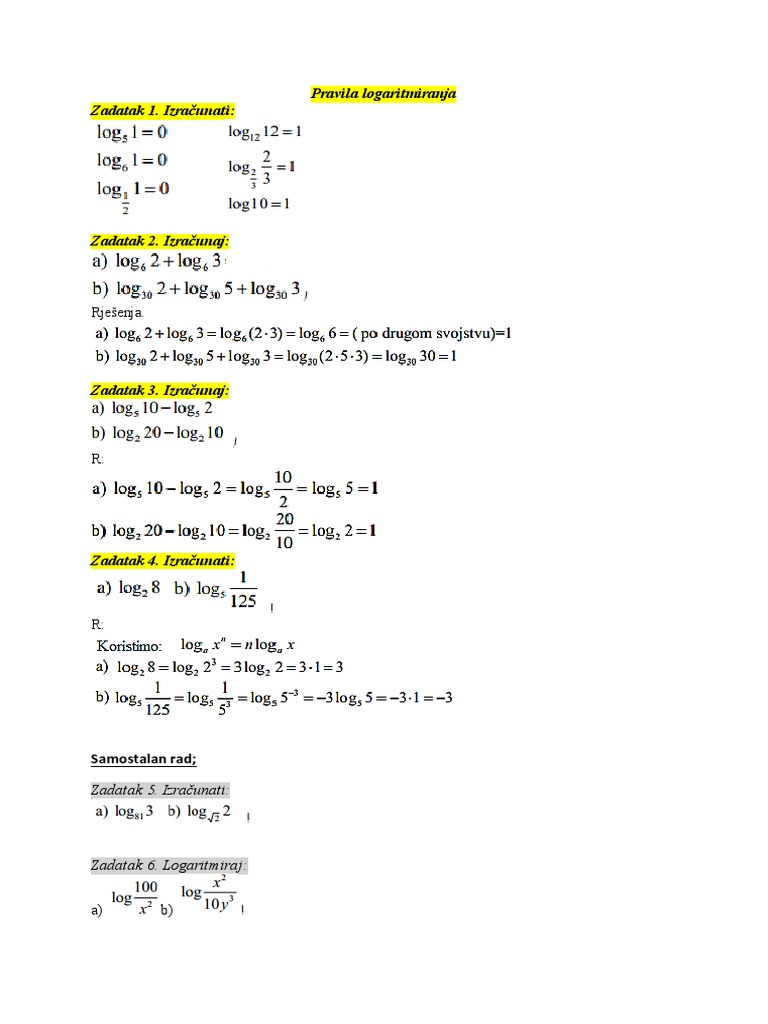 Pravila Logaritmiranja, Vježba | PDF