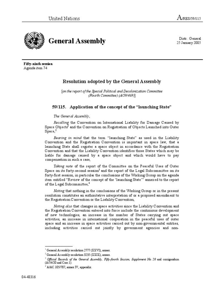 UN Res 59-115 Application of The Concept of The Launching State | PDF ...