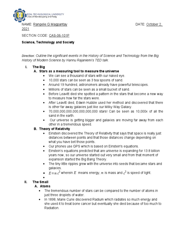 STS Outline For History of Modern Science Magpantay Rangelie G | PDF | Atoms | Universe