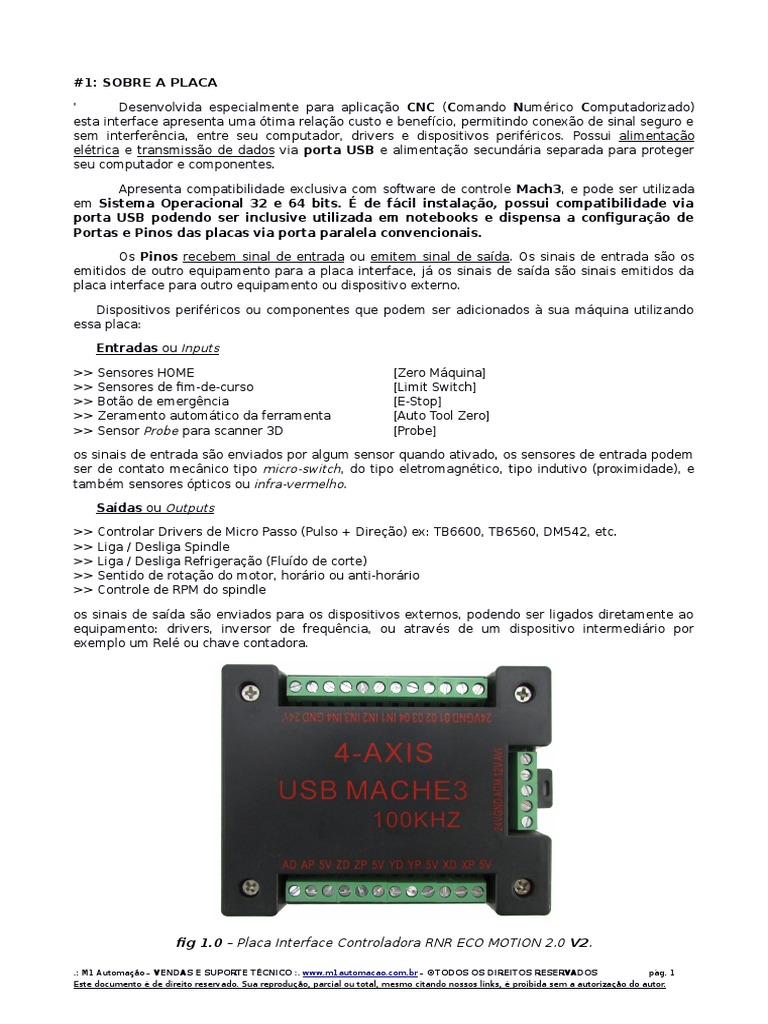 Manual Datasheet Interface Placa Controladora CNC Usb RNR Eco Motion V2 ...