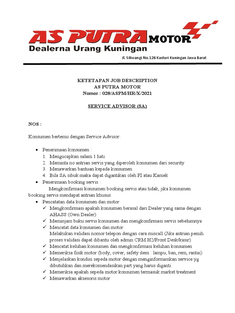 Tugas dan Tanggung Jawab Service Advisor | PDF