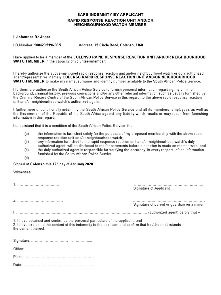 Indemnity Form v3 | PDF | Criminal Record | Crime & Violence