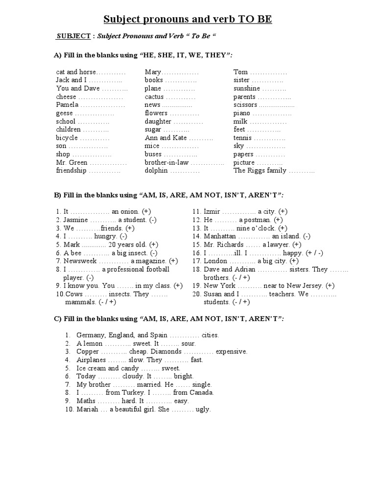Subject Pronouns and Verb TO BE | PDF