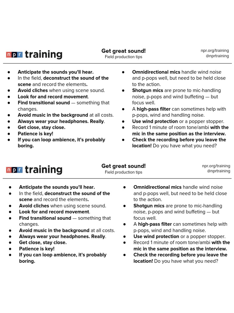 Field Recording Checklist | PDF | Microphone | Acoustics