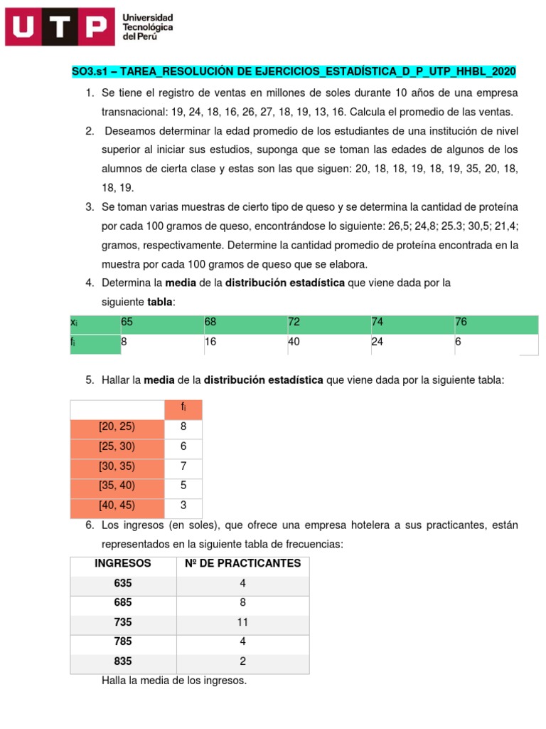 SO3.s1 - TAREA - RESOLUCIÓN DE EJERCICIOS - ESTADÍSTICA - D - P - UTP - HHBL - 2021 | PDF