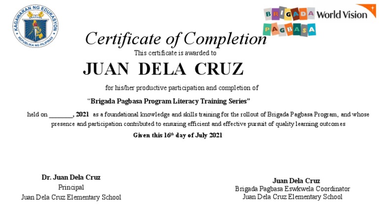 Brigada Pagbasa Certificate - Template | PDF