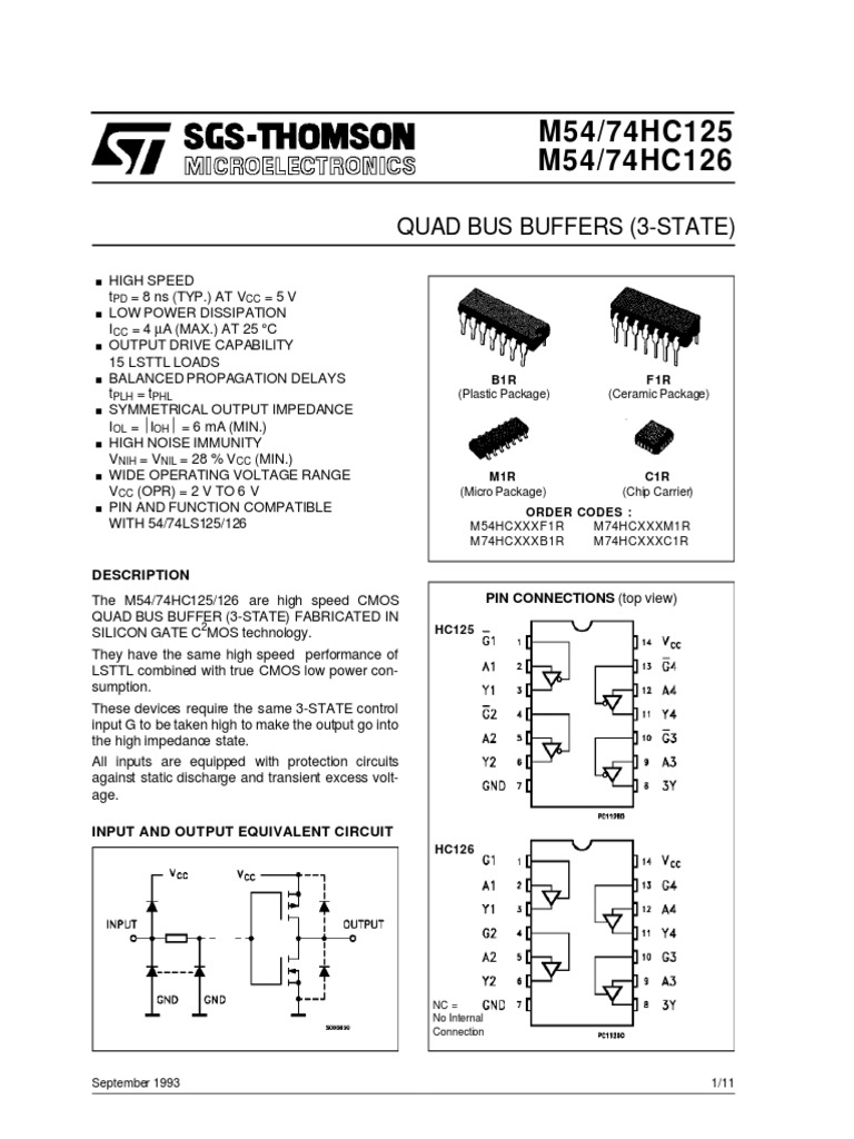 M54/74HC125 M54/74HC126: Quad Bus Buffers (3-State) | PDF | Cmos | Manufactured Goods