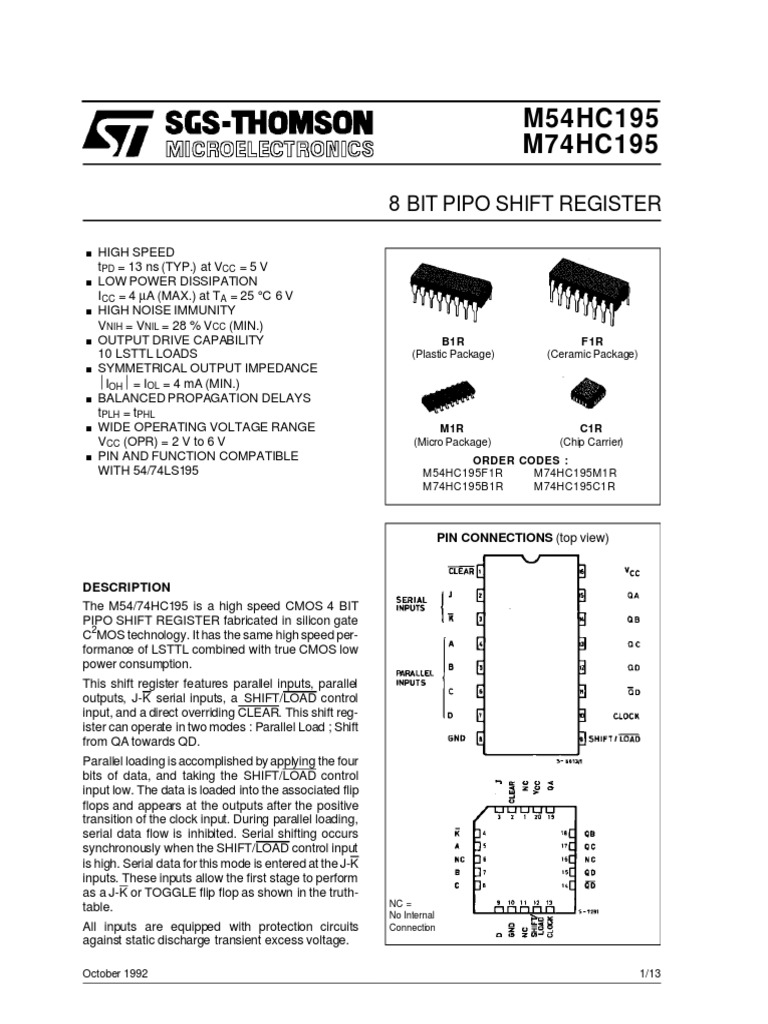 M54HC195 M74HC195: 8 Bit Pipo Shift Register | PDF | Cmos ...