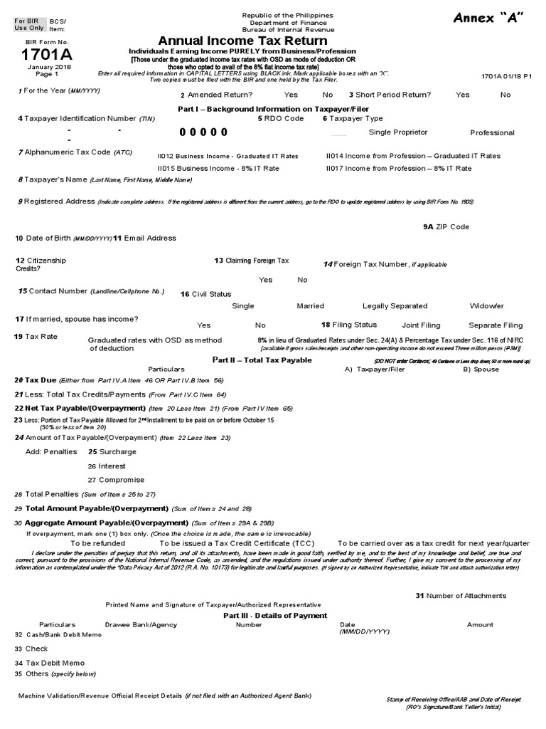 BIR Form 1701A Filing Guide | PDF | Income Tax | Taxes