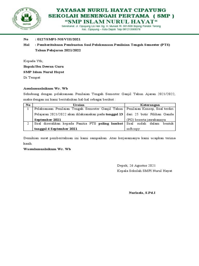 Surat Edaran Soal PTS SMP | PDF