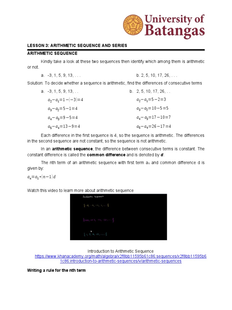 Module 1 Lesson 3 - ARITHMETIC SEQUENCE AND SERIES | PDF | Sequence ...