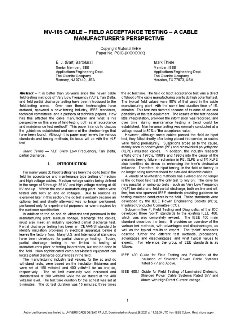 Mv-105 Cable - Field Acceptance Testing - A Cable Manufacturer'S ...