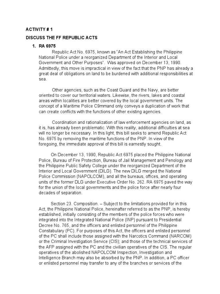 Activity # 1 Discuss The FF Republic Acts 1. RA 6975 | PDF | Government ...