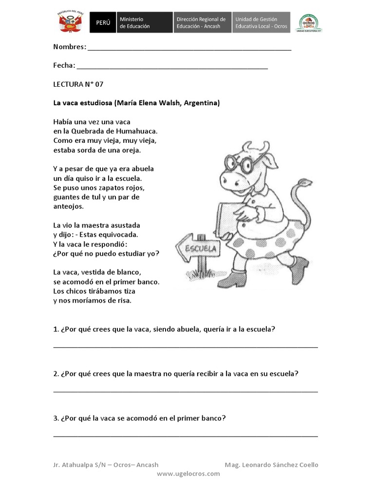 Actividades de lectura: La vaca estudiosa | PDF