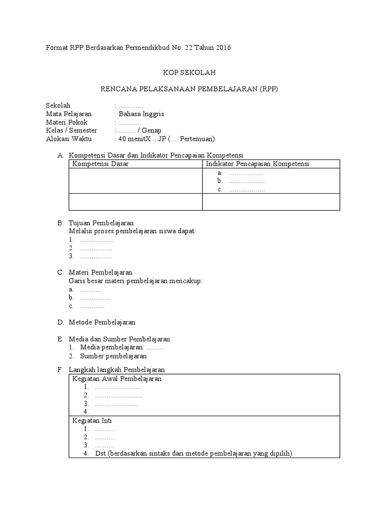 Format RPP Berdasarkan Permendikbud | PDF