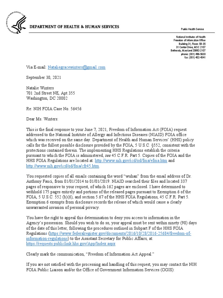 NIH FOIA 56456 Complete Response Letter | PDF | Freedom Of Information ...
